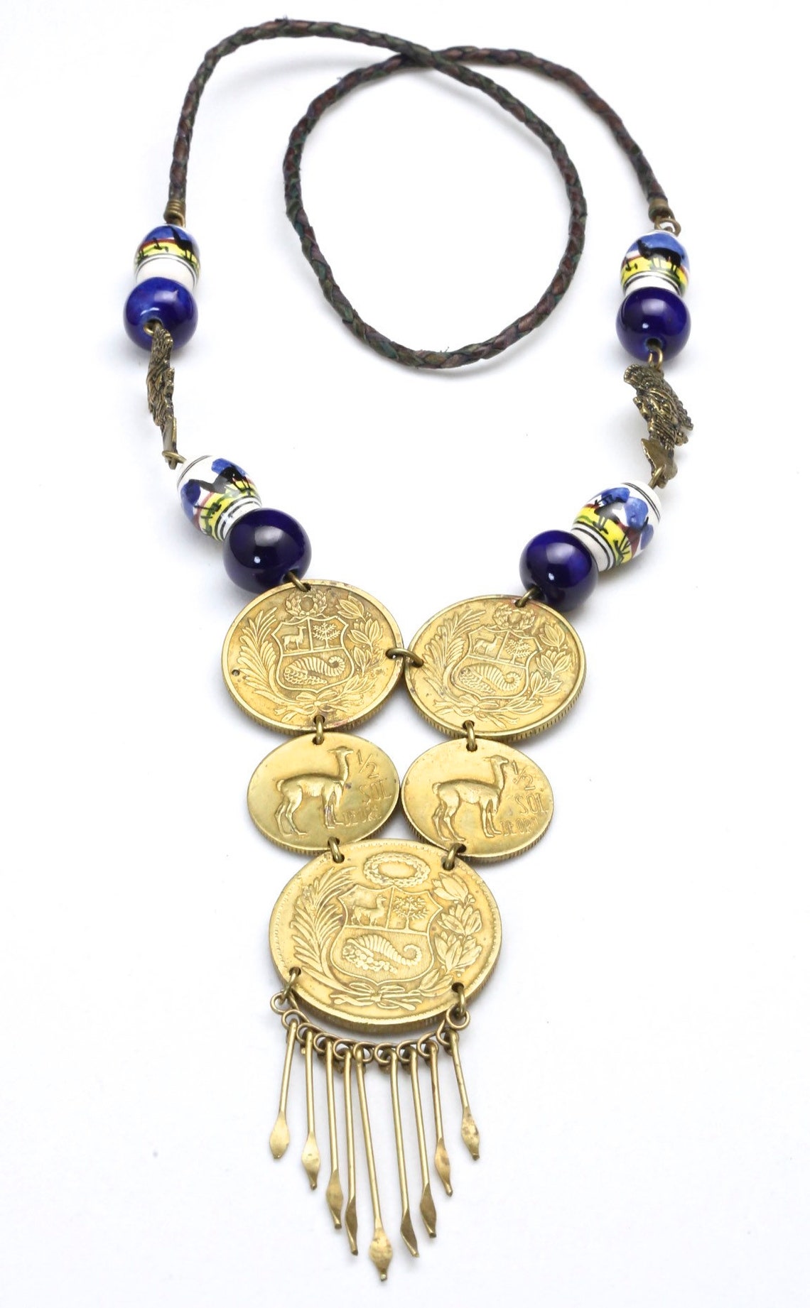 Vintage Artisan Peruvian Coin Necklace Braided Leather Tribal Statement ...