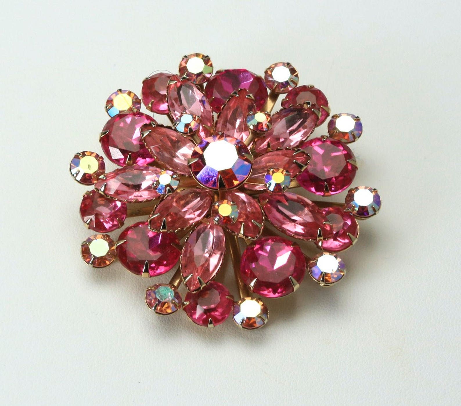 Vintage Gold Tone Multi Tone Pink Rhinestone Flower Shaped Pin - Etsy