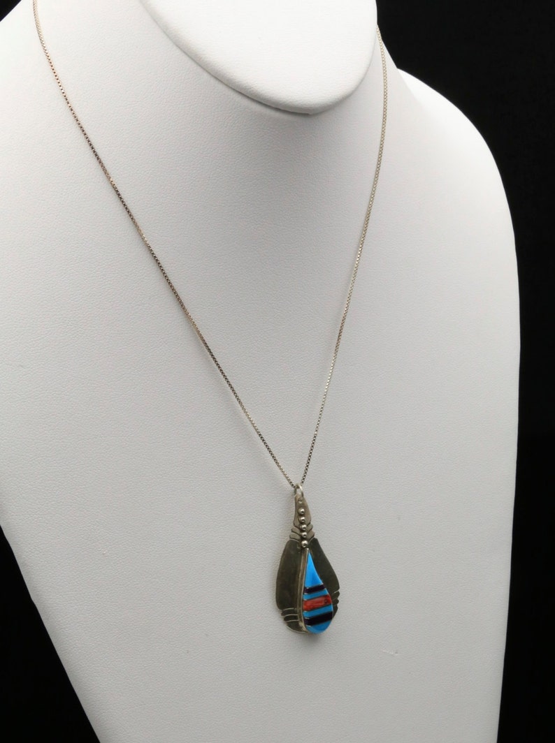 Vintage Zuni Inlay Sterling Silver Pendant Necklace Turquoise - Etsy