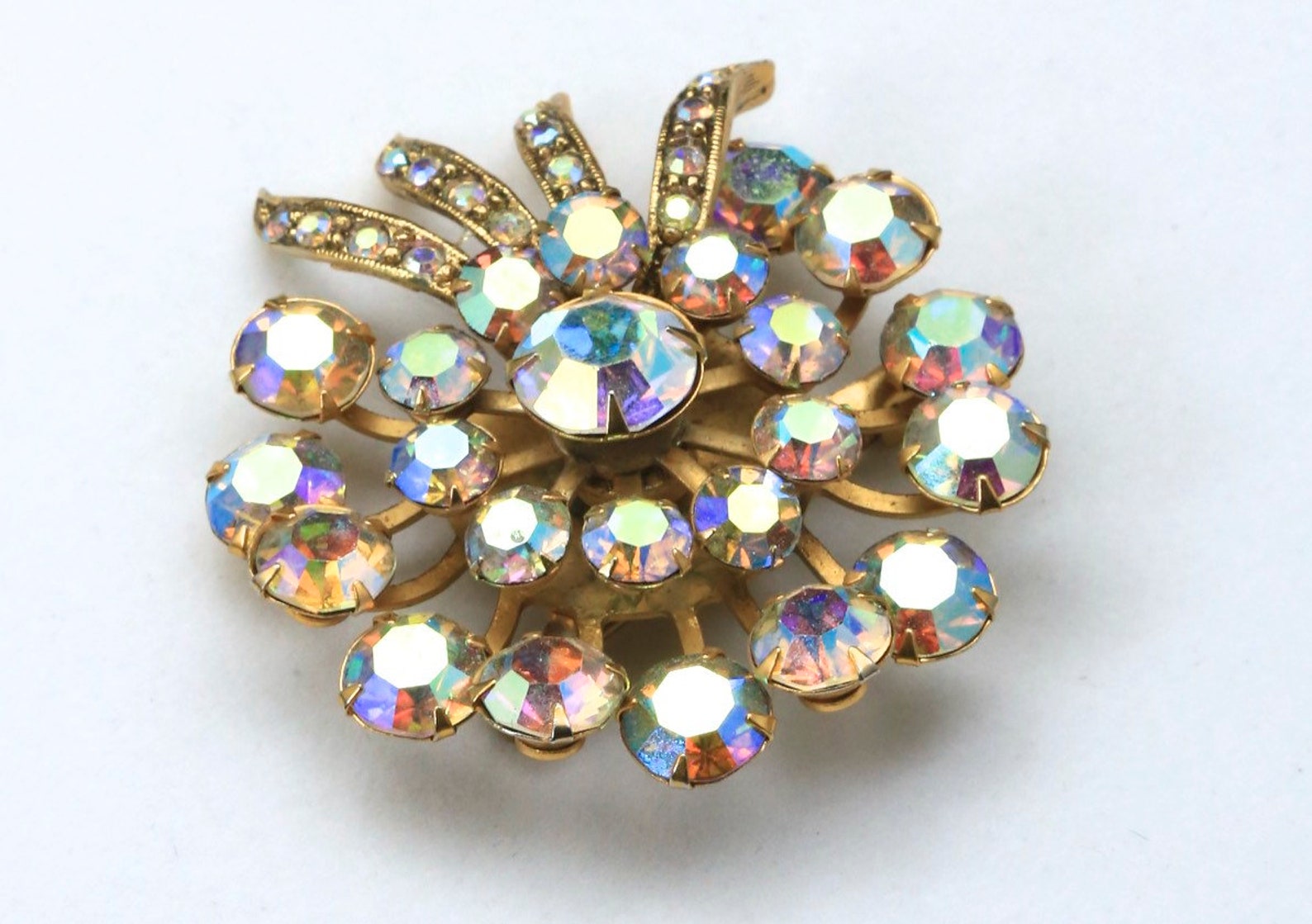 Vintage Large Selini Aurora Borealis Rhinestone Brooch Gold Tone Circle ...