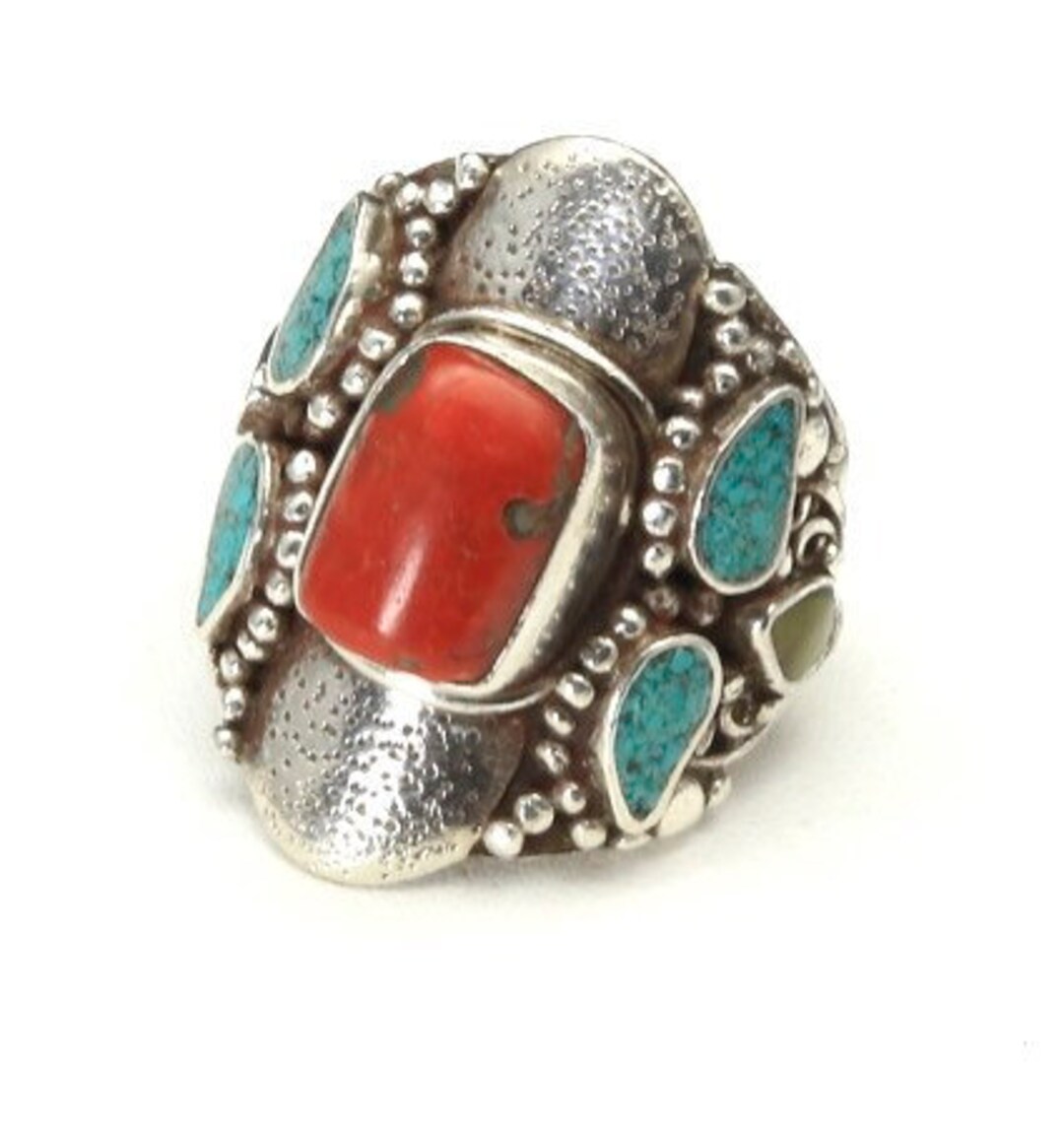 Vintage Sterling Silver Coral Green Blue Turquoise Ring Size 9 ...