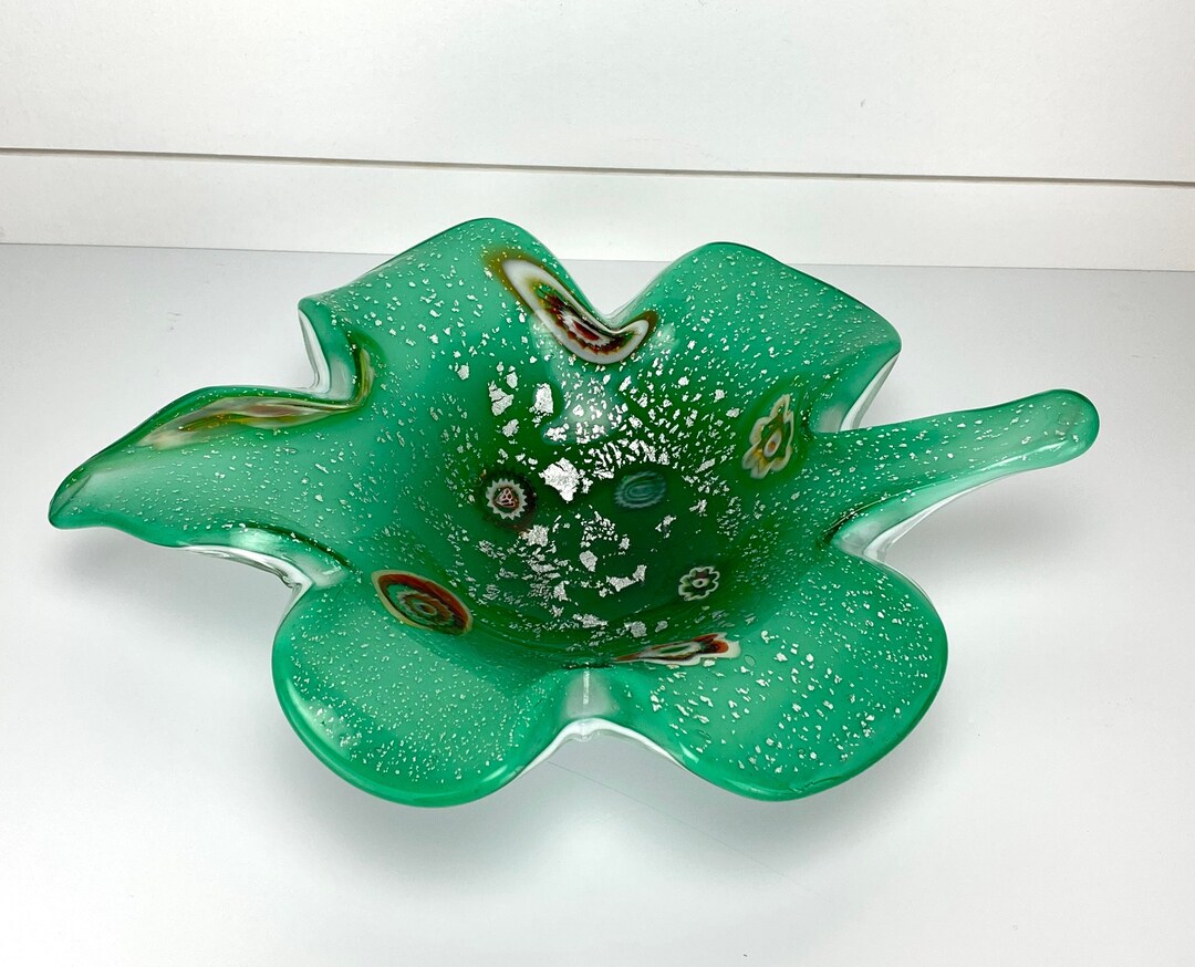 Vintage Murano Green Millefiori Art Glass Candy Dish Bowl Ashtray Mid ...