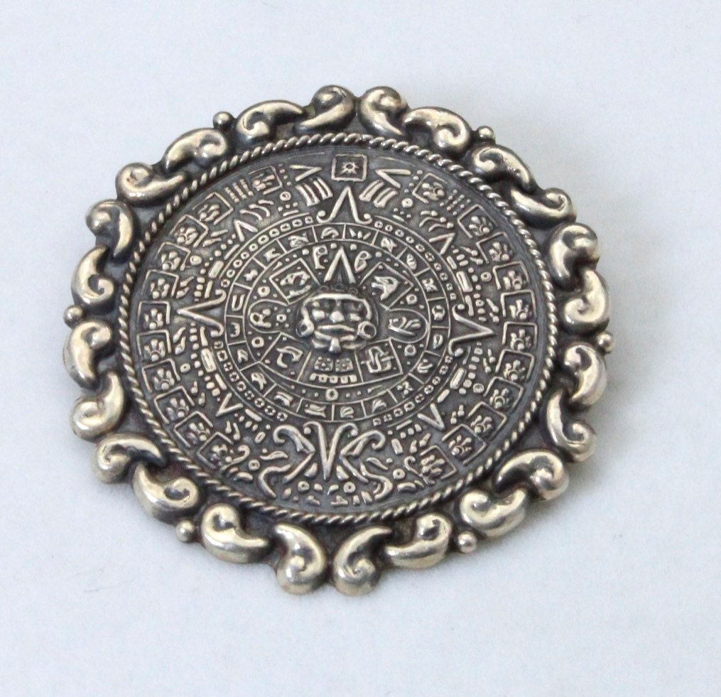 Vintage Sterling Silver Mayan Aztec Sun Calendar Pendant Pin - Etsy