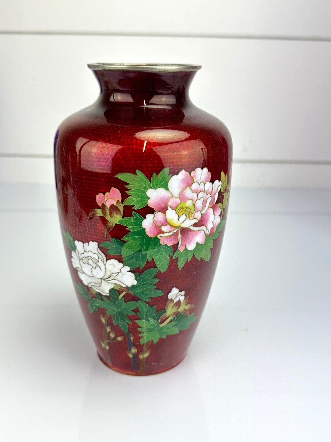 Vintage Japanese Red Pigeon Blood Cloisonne Enamel Vase Floral Peony ...