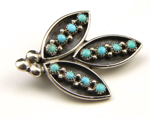 Vintage Zuni Floral Motif Sterling Silver & Turquoise… - Gem