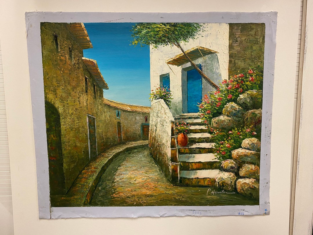 P. Hunter Oil Painting Cottage Cobblestone Street Scene Unstretched ...