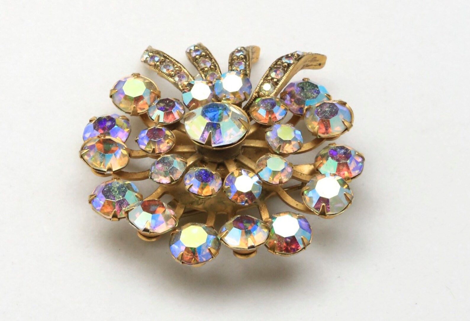 Vintage Large Selini Aurora Borealis Rhinestone Brooch Gold Tone Circle ...