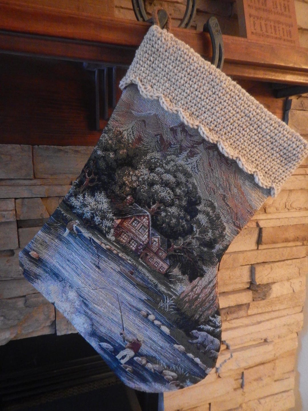22" Handmade Log Cabin Tapestry Scene Christmas Stocking - Etsy