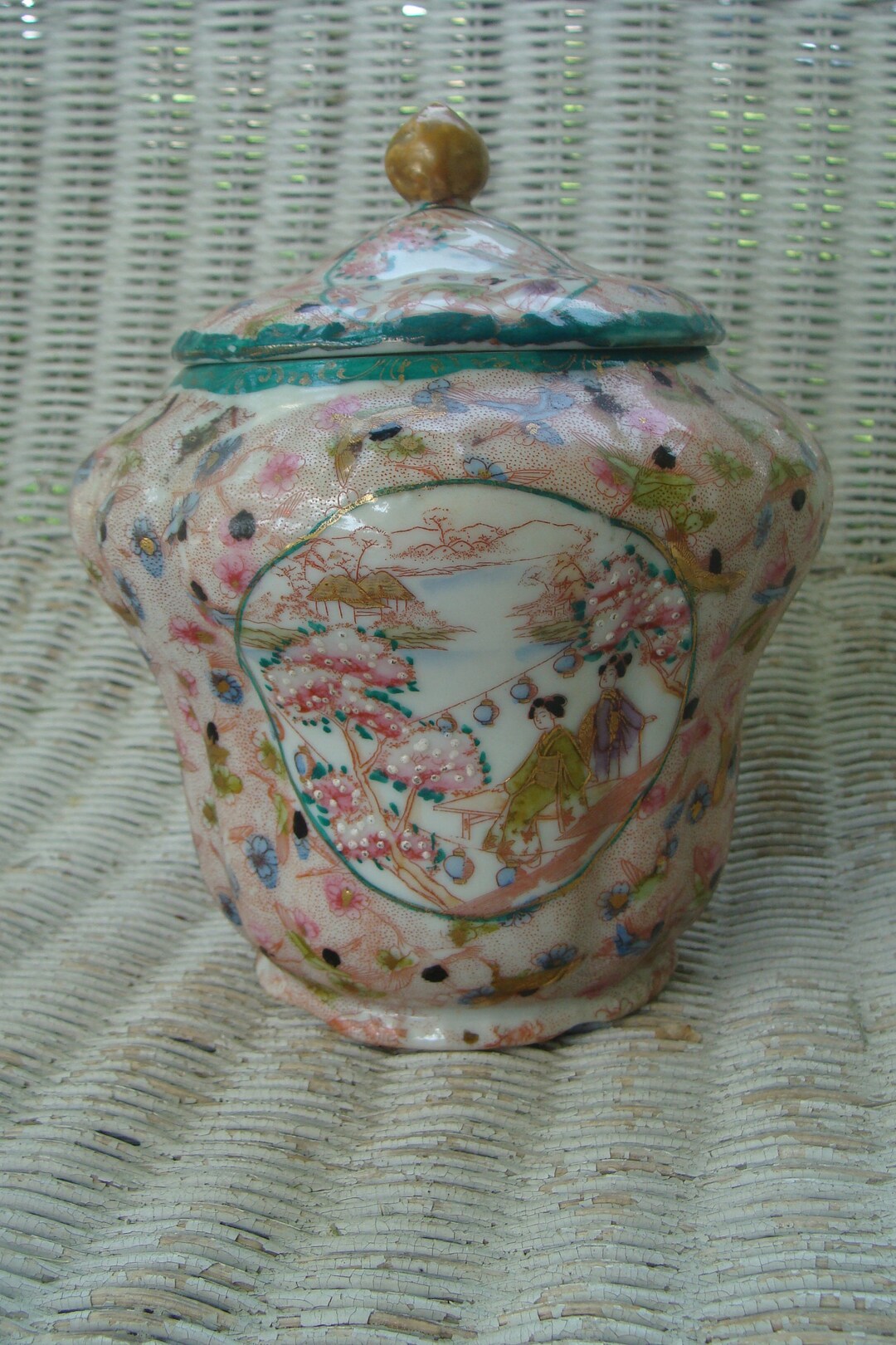 Vintage Transferware Tea Caddy/ginger Jar With Hand Colored Bird and ...