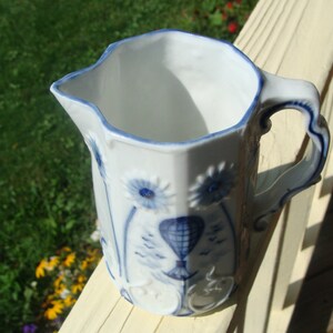 Hand Painted Flow Blue Decorated Porcelain Pitcher With Hot Air Balloon ...