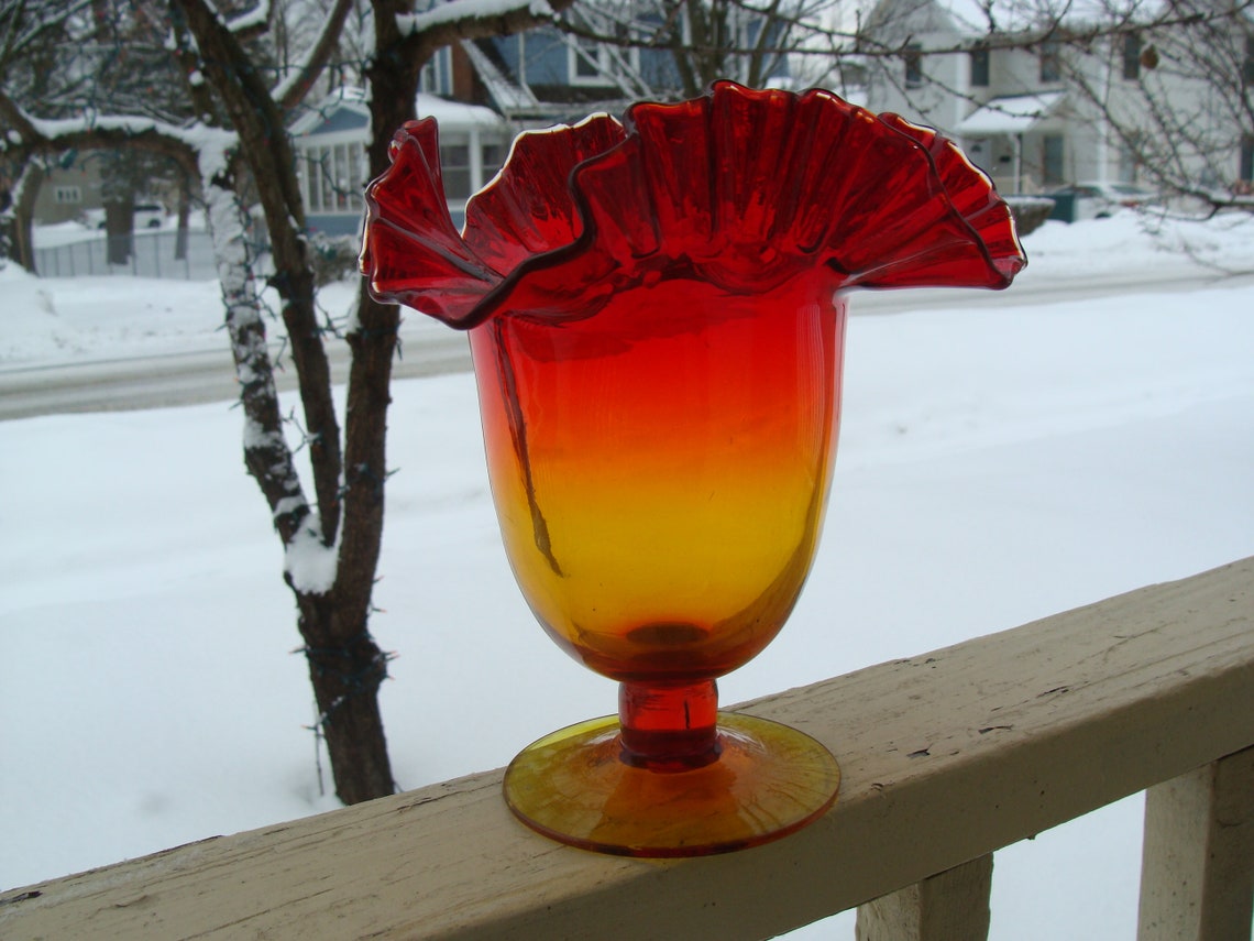 Blenko Art Glass Ruffled Top Footed Vase Fire Red and - Etsy