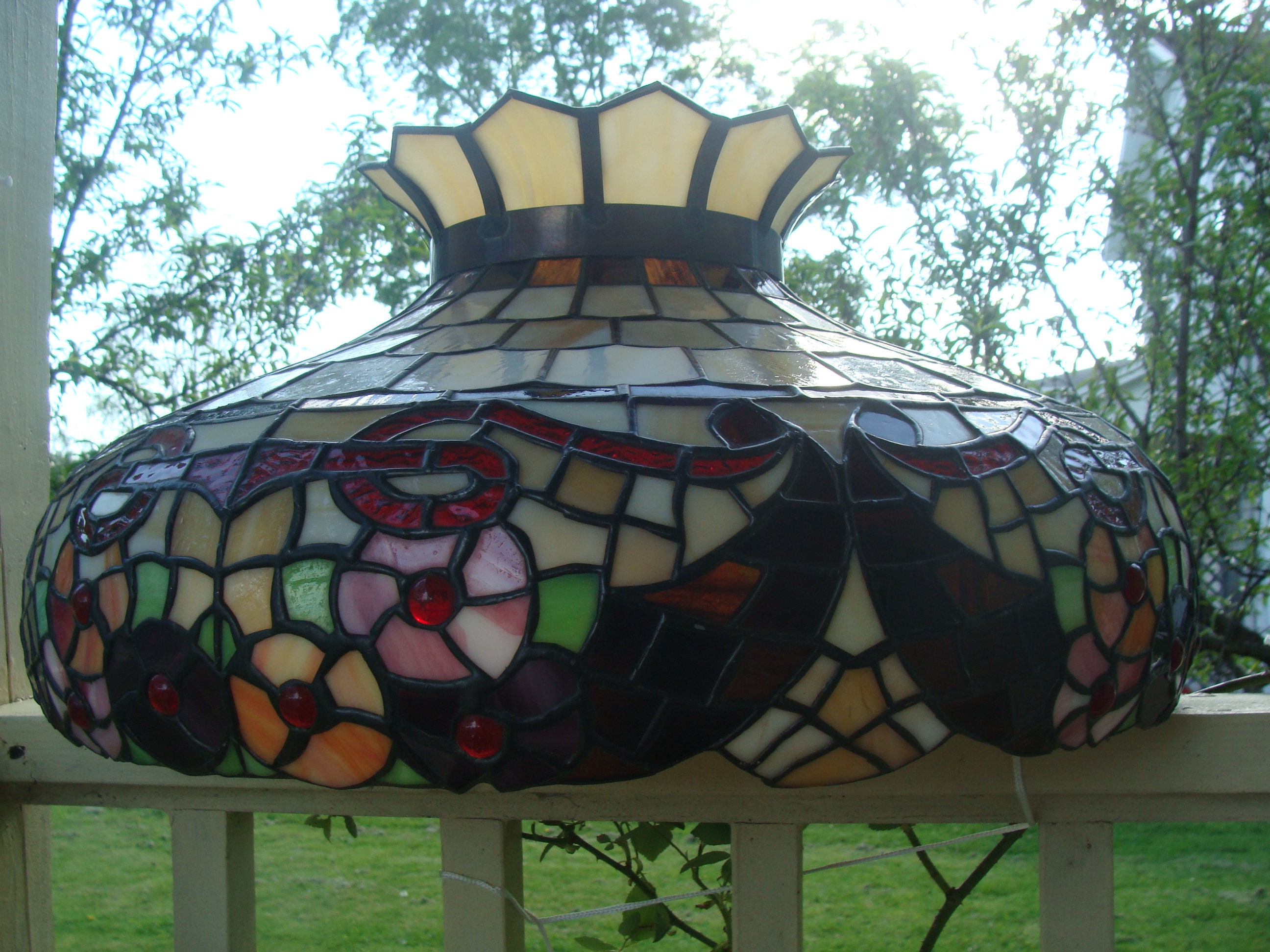 Large Beautiful Stained Glass Lamp Shade Jeweled With Slag Etsy