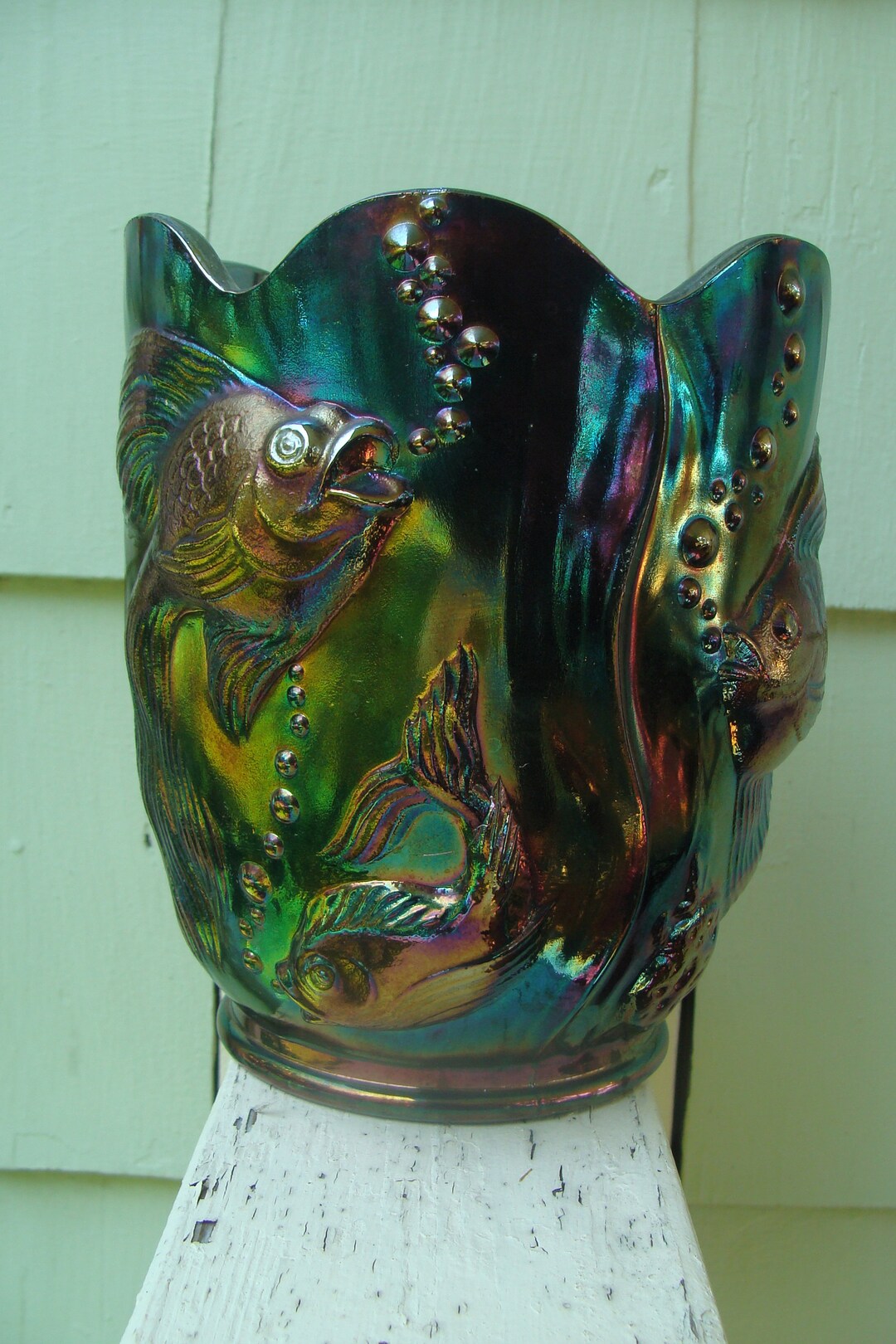 Fenton Art Glass Carnival Glass Atlantis Koi Fish Verlys Vase Perfect ...