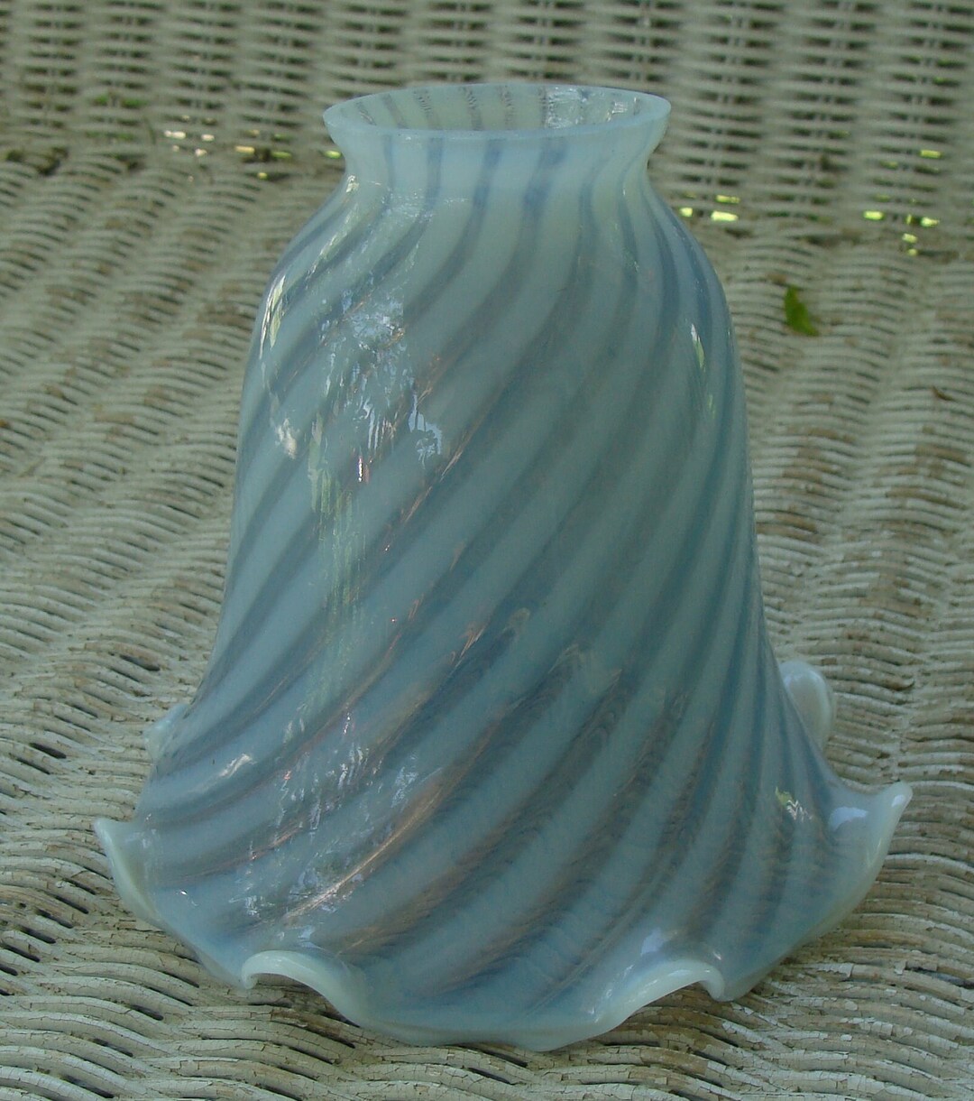Rare Vintage Art Glass Gas Lamp Shade Opalescent Blue Tint and White ...
