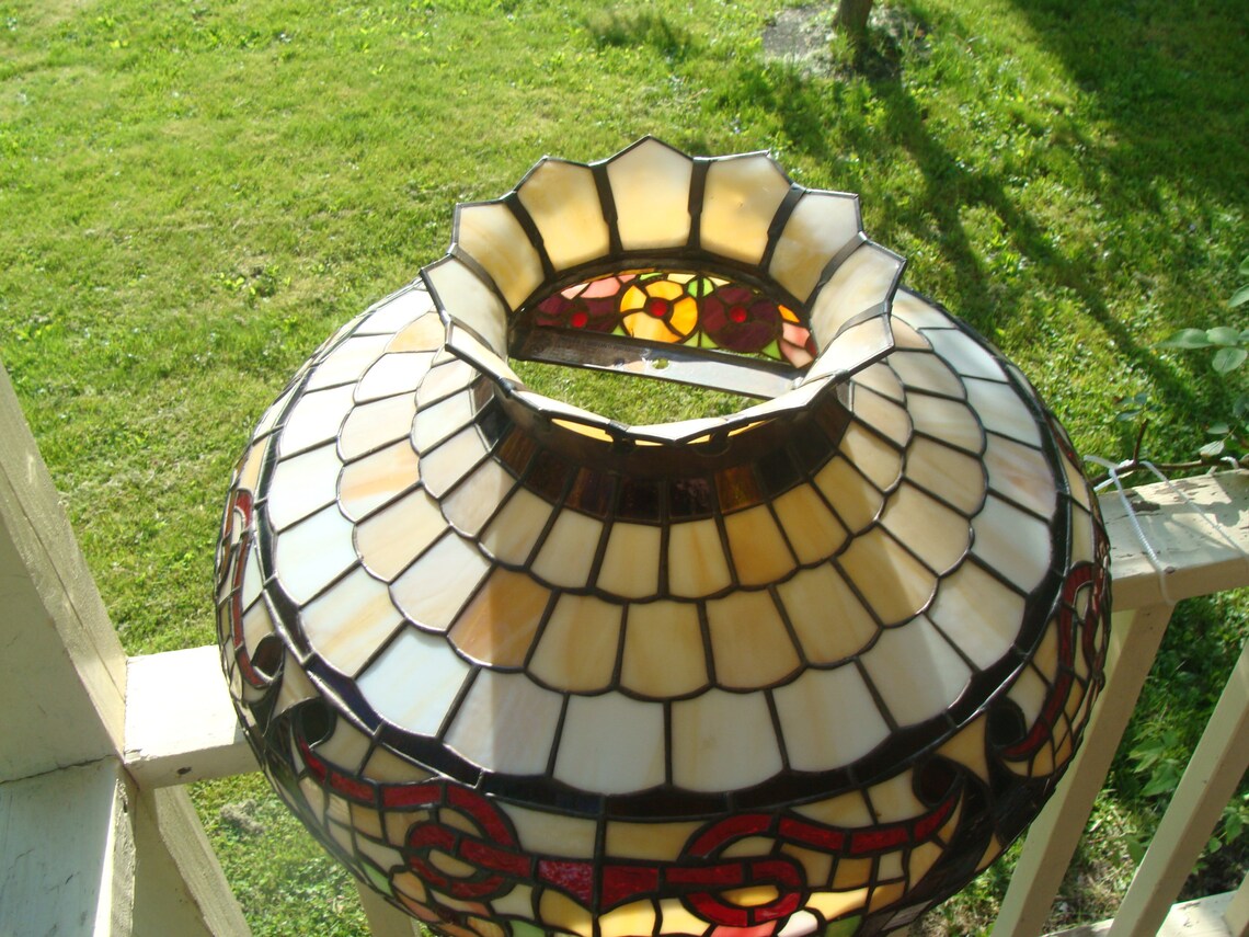 Large Beautiful Stained Glass Lamp Shade Jeweled With Slag Etsy