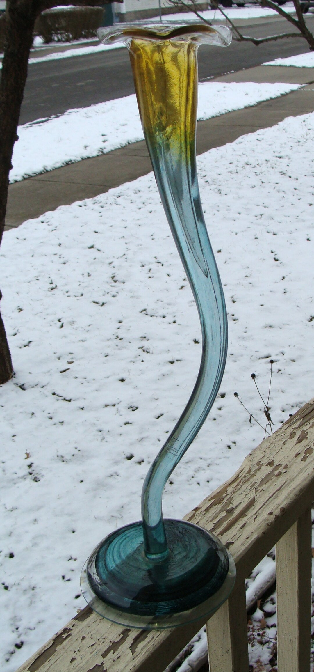 Art Glass Sculptural Curved Vase Blended Aqua With Yellow Color ...