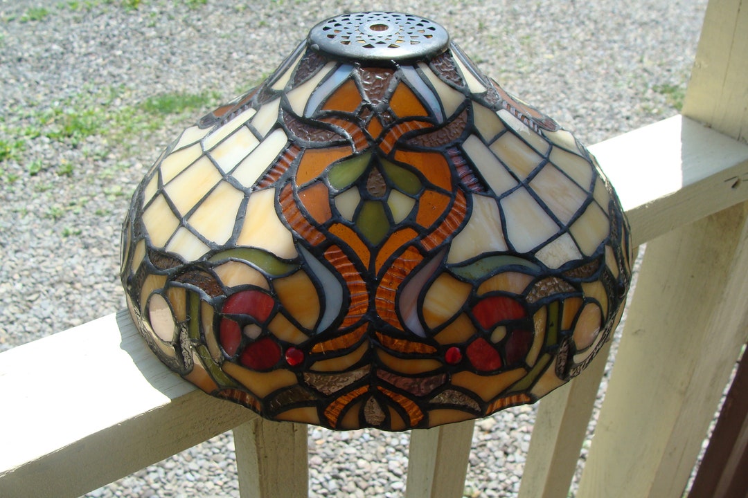 Beautiful Stained Glass Slag Glass Jeweled Lamp Shade Brilliant Colors ...