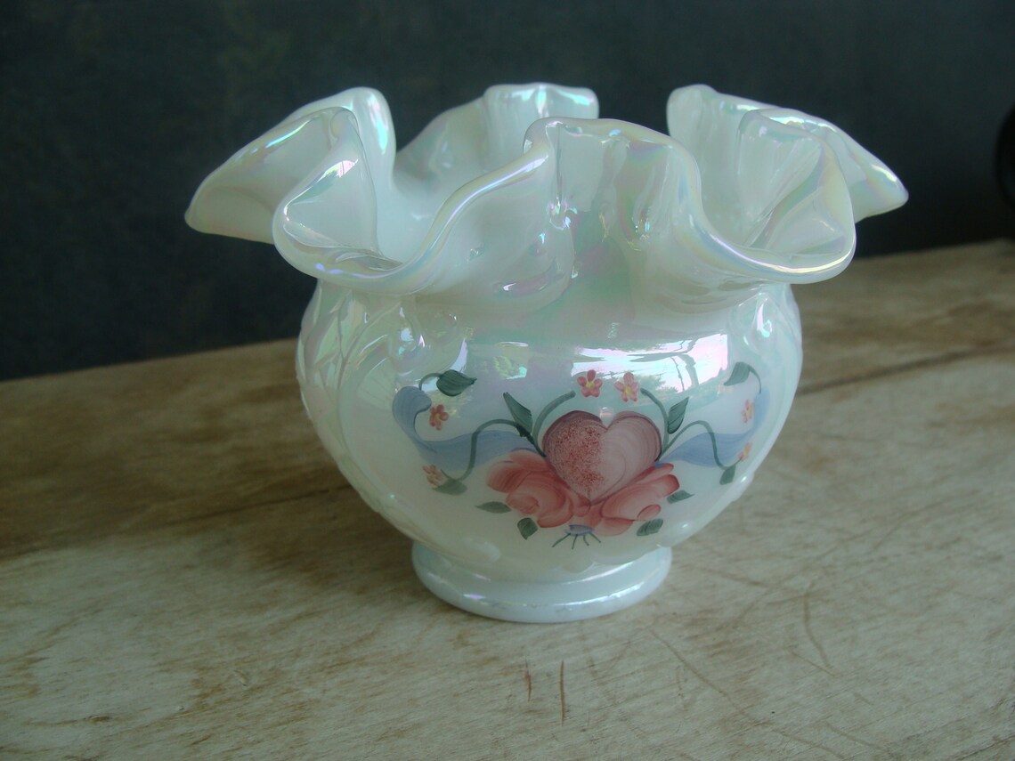 Fenton Art Glass Rose Bowl Vase With Ruffled Top Basket Weave | Etsy