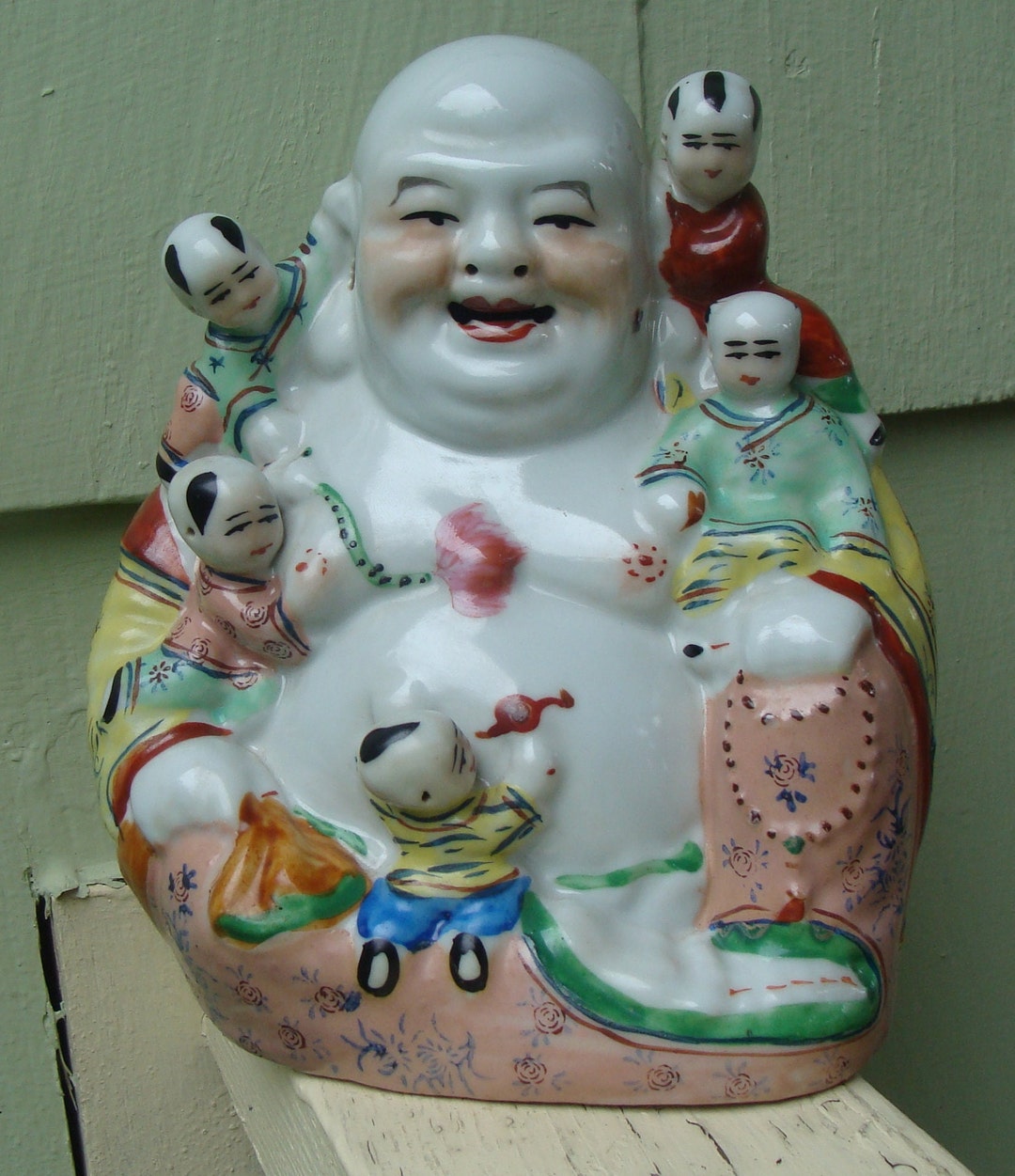 Happy Buddha Statue Famille Hand Painted Porcelain Figure of A Smiling ...