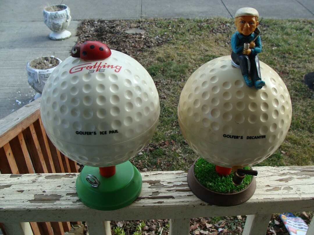 Vintage Golf Ball Ice Pail and Decanter Set One Golfer Ice Bucket and ...