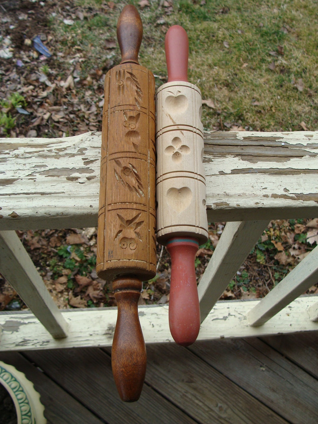 Vintage Wooden Cookie Press Stamp Wood Rolling Pin With Sixteen ...