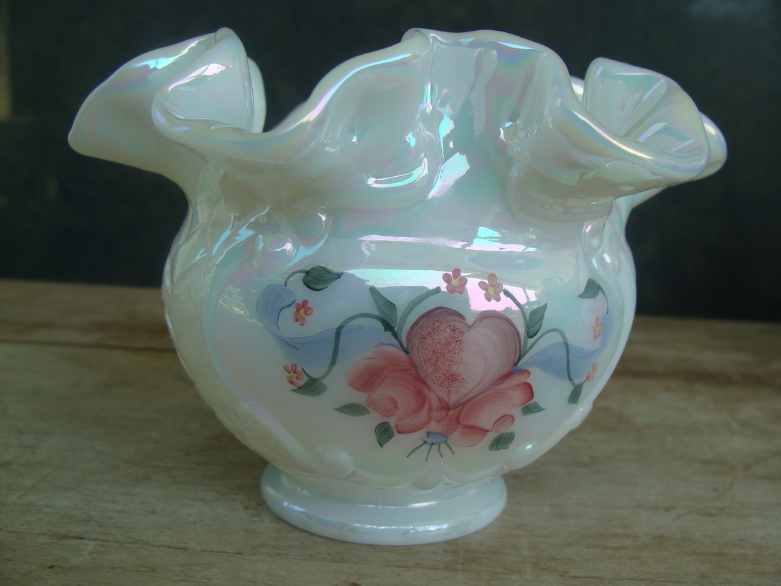 Fenton Art Glass Rose Bowl Vase With Ruffled Top Basket Weave | Etsy