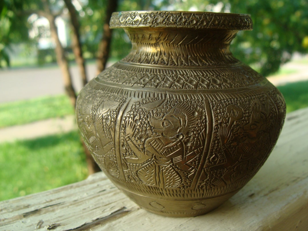 Vintage Hindu South Indian Brass Hand Engraved Ganga Jamuna Pot Lota ...