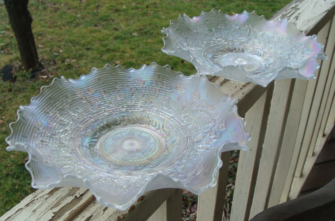 Antique Dugan Carnival Glass Bowls Two Fanciful Pattern White ...