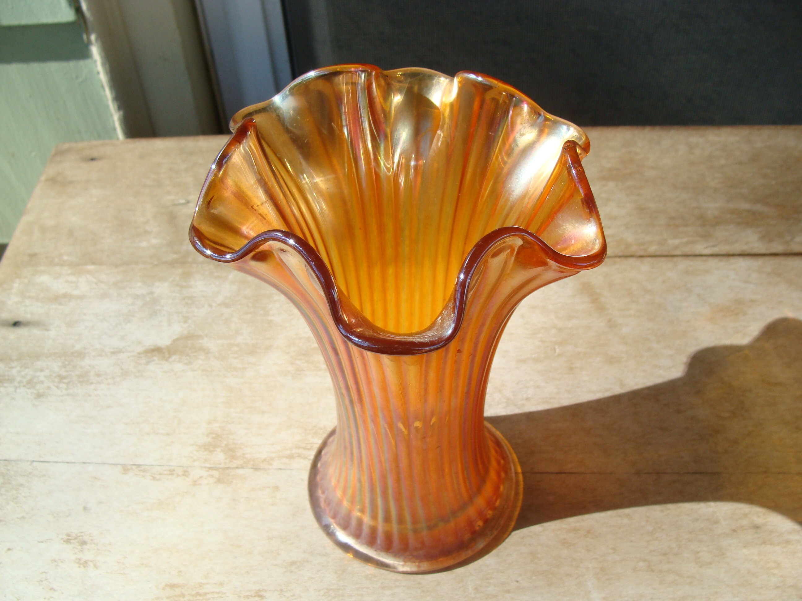 Home Décor Antique Carnival Glass Fine Rib Vase Large Stretched Swung ...