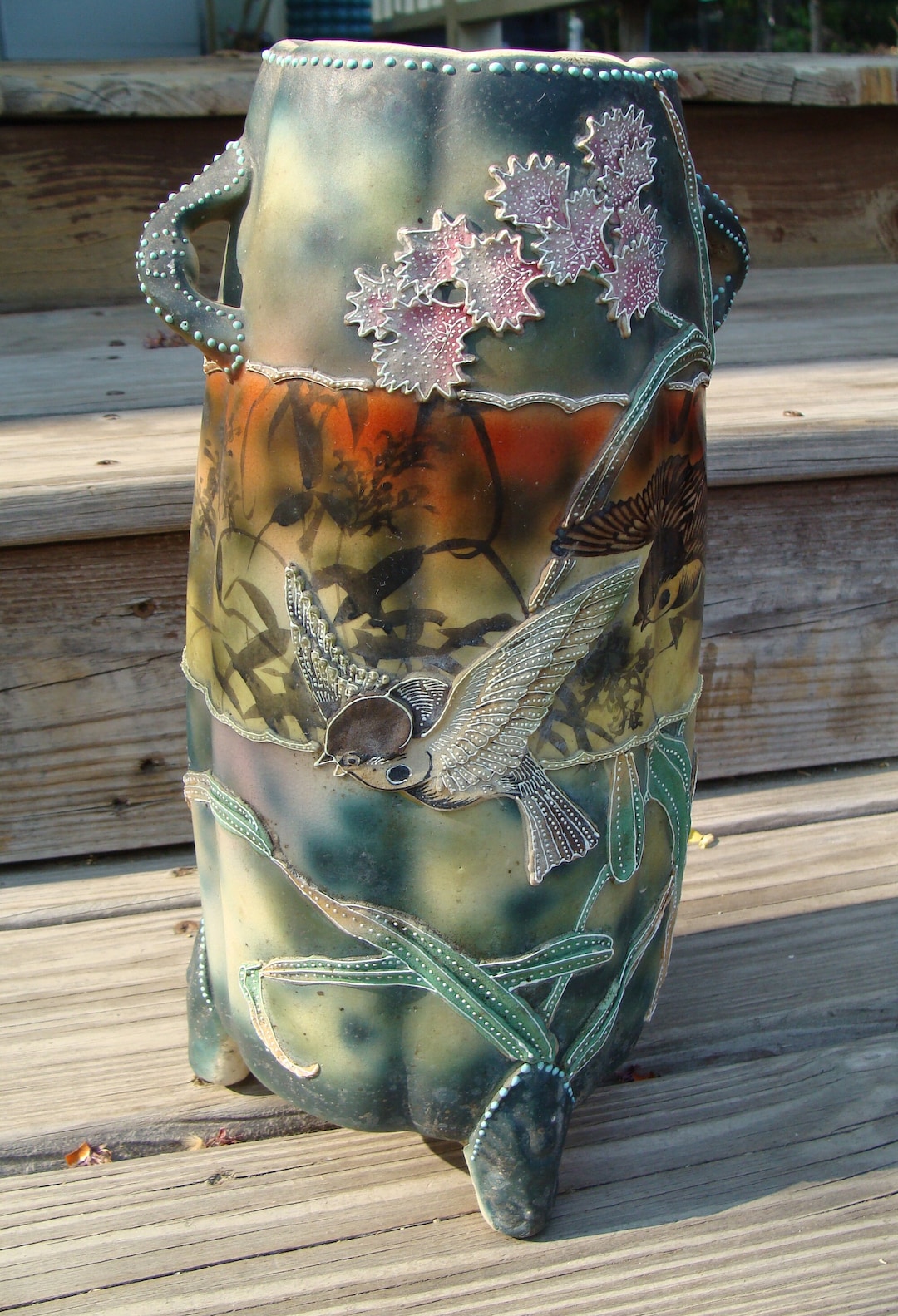 Antique Nippon Porcelain Three Footed Vase Moriage Hand Painted Birds ...