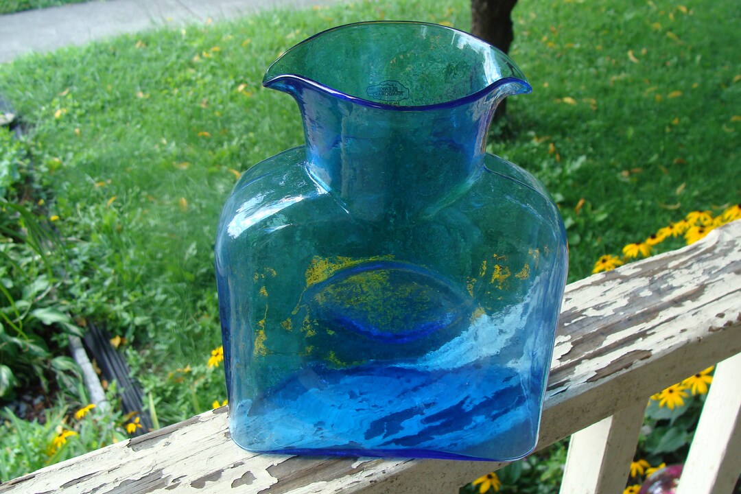 Blenko Handcraft Glass Water Bottle Art Glass Blue Double Spouted Water ...