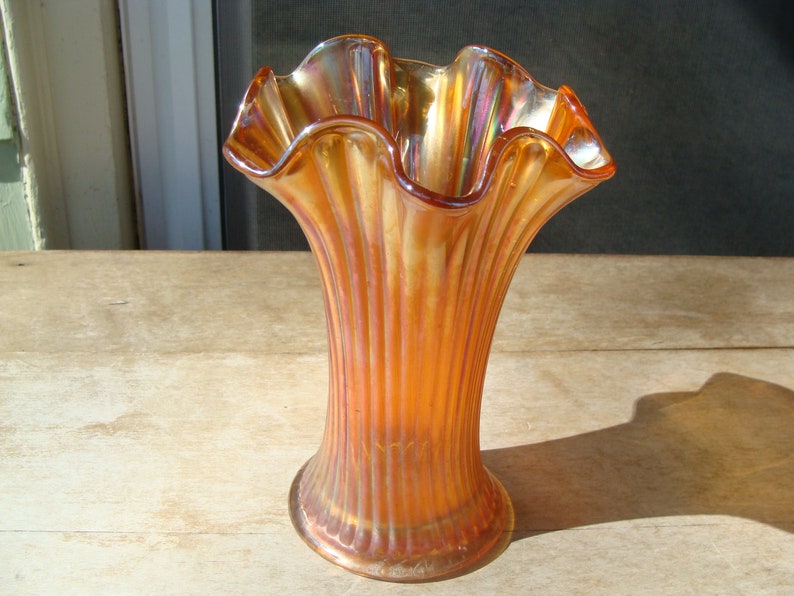 Antique Marigold Carnival Glass Vase Ribbed Fine Rib Ruffled Etsy