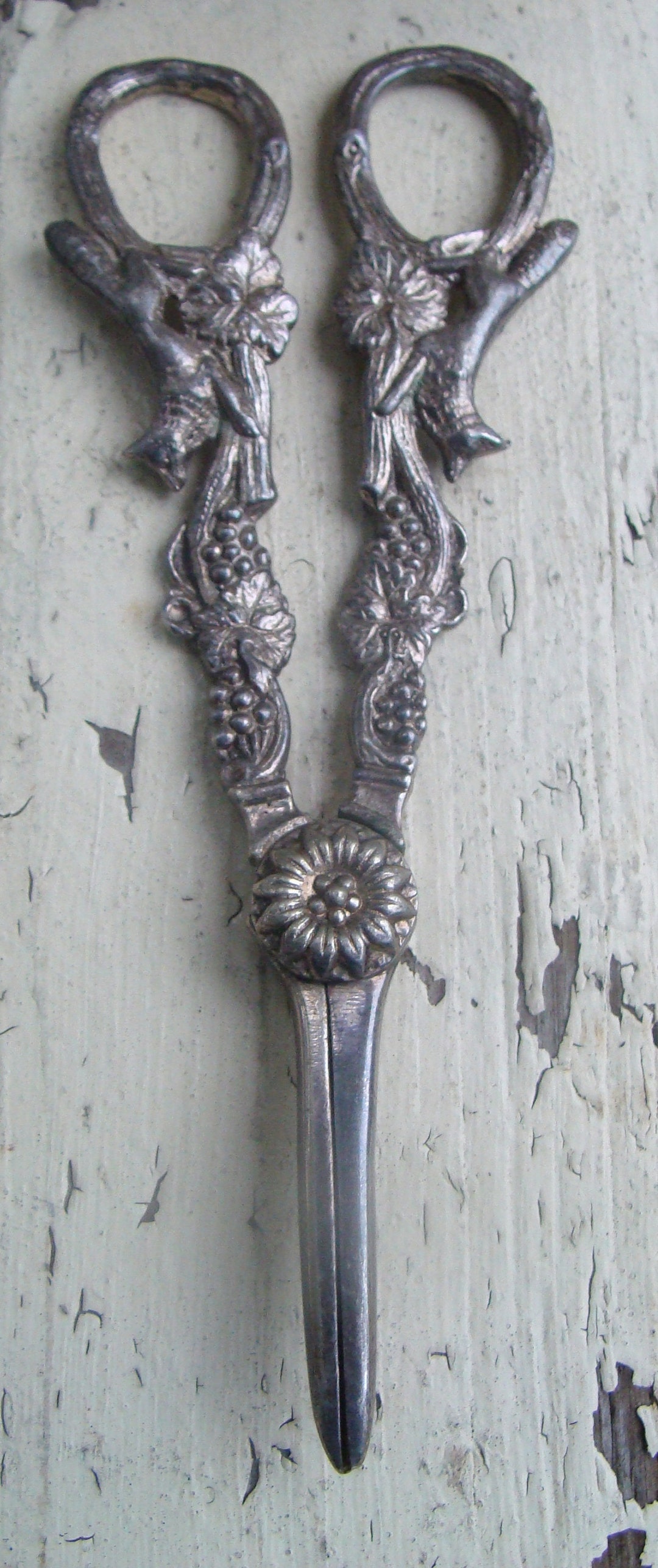 Antique Sterling Silver Repousse Grape Shears Silver Grape Clipper Scissors With Two Fox Foxes ...