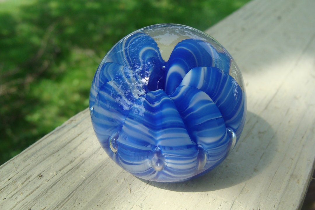 Blue and White Swirl Art Glass Paperweight by Joe Rice Suspended ...