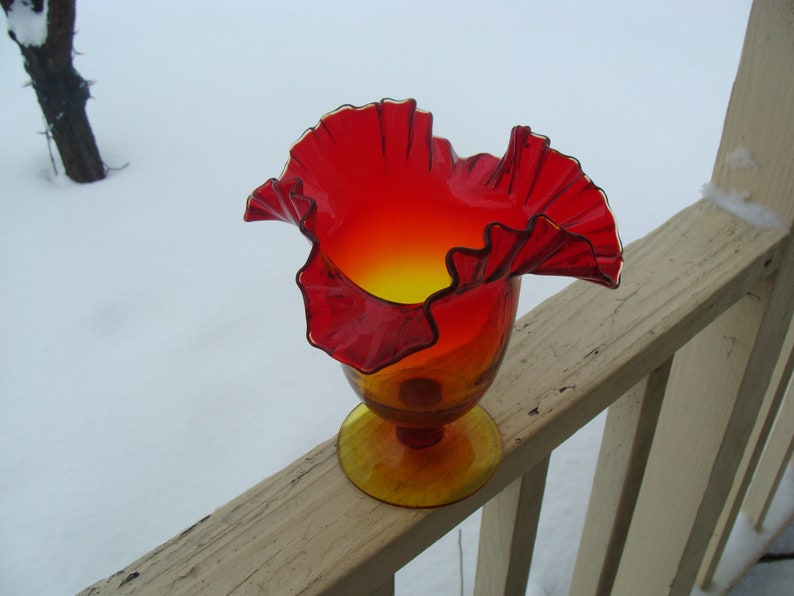 Blenko Art Glass Ruffled Top Footed Vase Fire Red and - Etsy