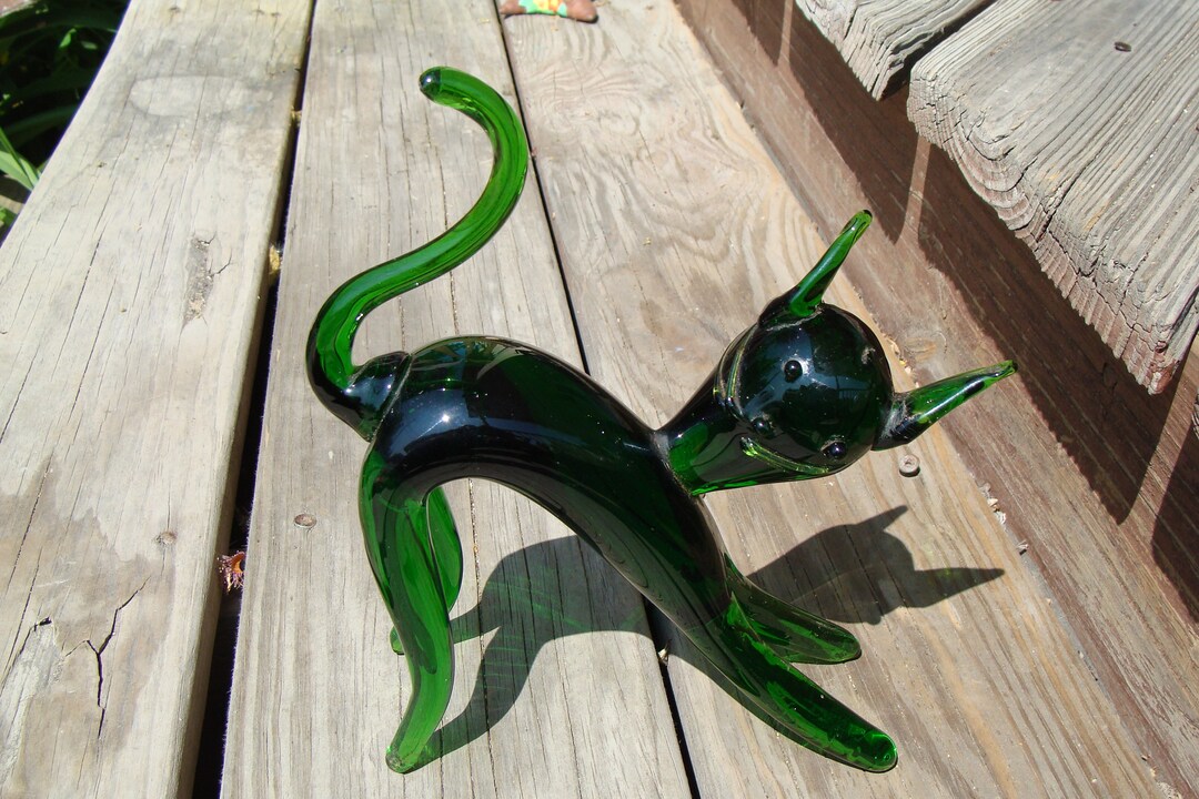 Mid Century Art Glass Cat Hand Blown and Tooled Art Glass Cat Sculpture ...