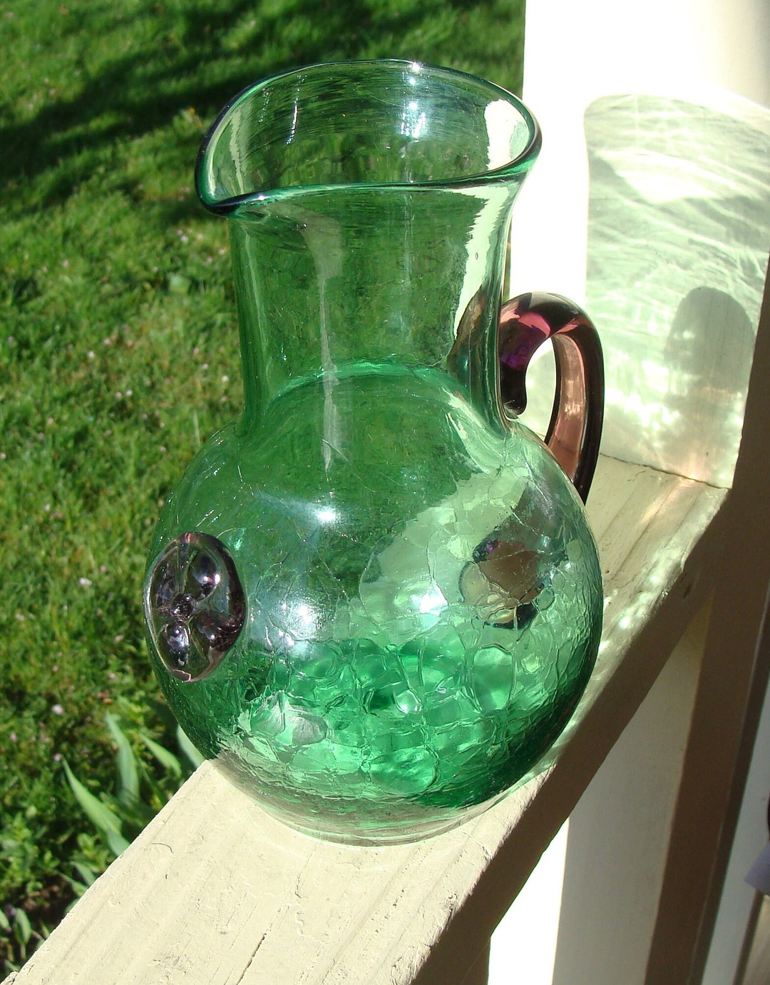 Blown Green Crackle Art Glass Pitcher With Purple Applied Flower ...
