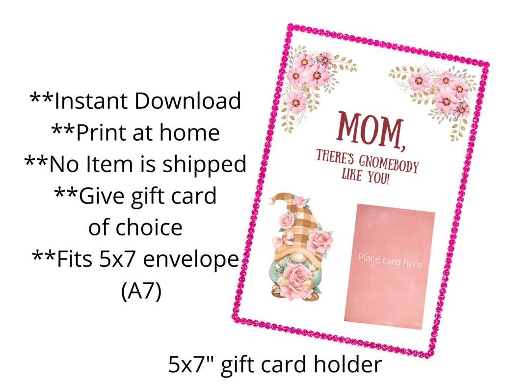 Mother's Day Pink Gnome Printable Gift Card Holder DIY Gifts - Etsy