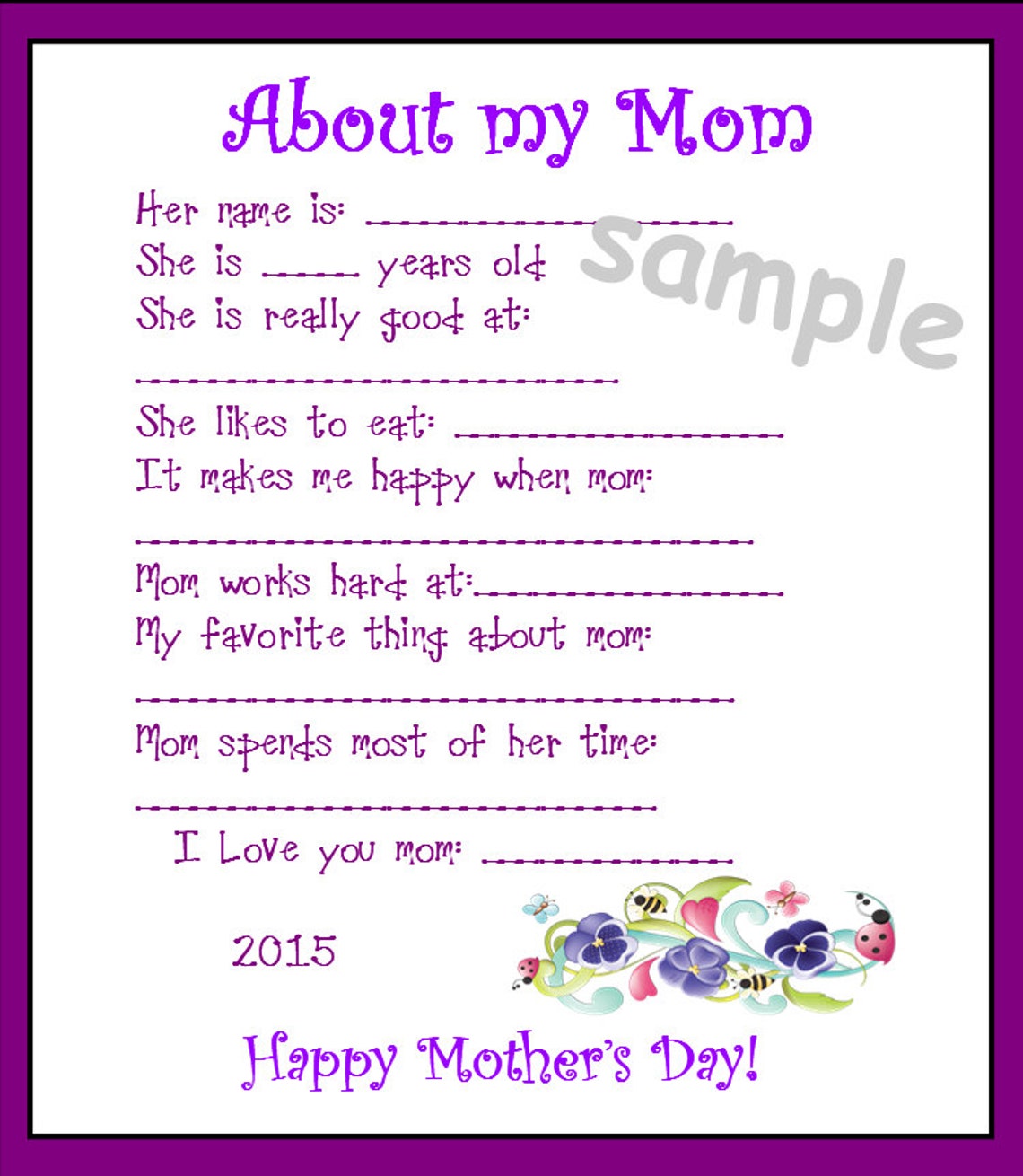 About My Mom Mother's Day Pansy Printable DIY Card Instant Download ...
