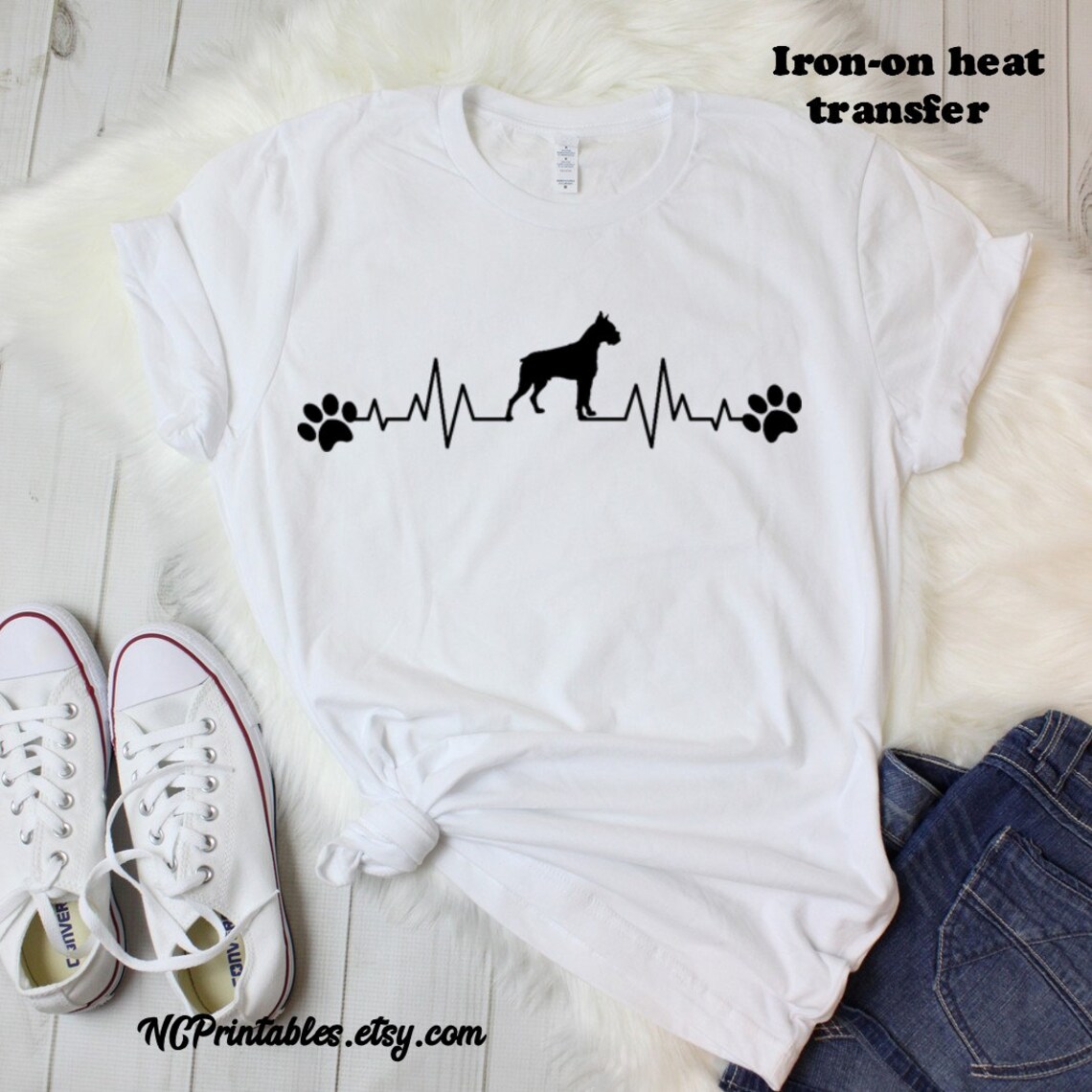 Boxer Heartbeat Paw Print Fabric Heat Transfer Iron on Decal Only Gift ...