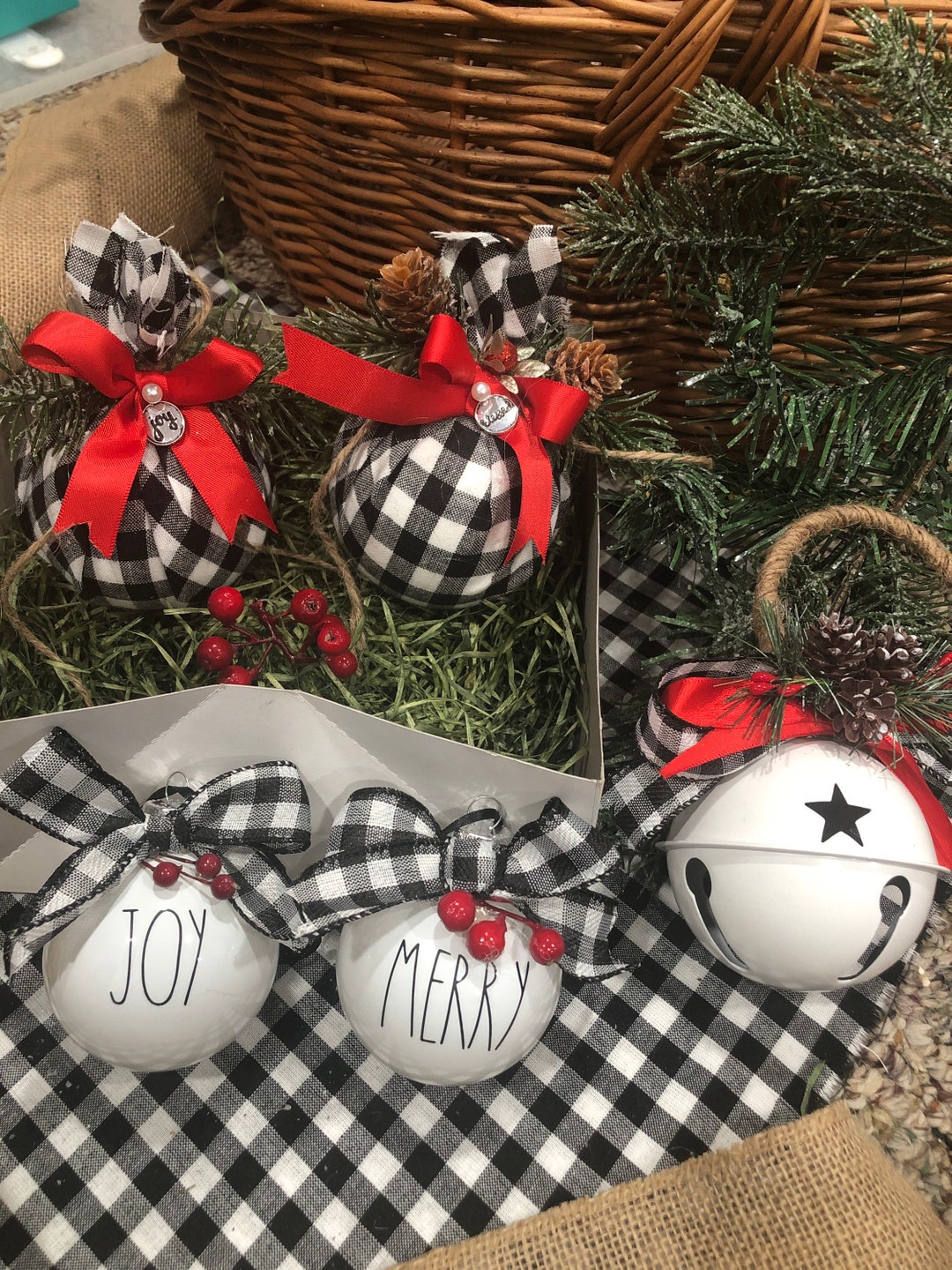 Set of 5 Buffalo Check Christmas Ornaments Black White Buffalo Plaid ...