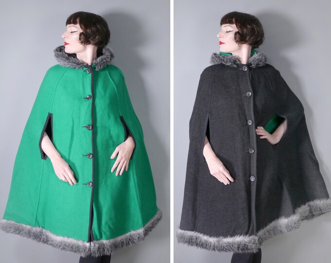 WETHERALL Wool Cape in REVERSIBLE Grey and Green With Faux Fur - Etsy