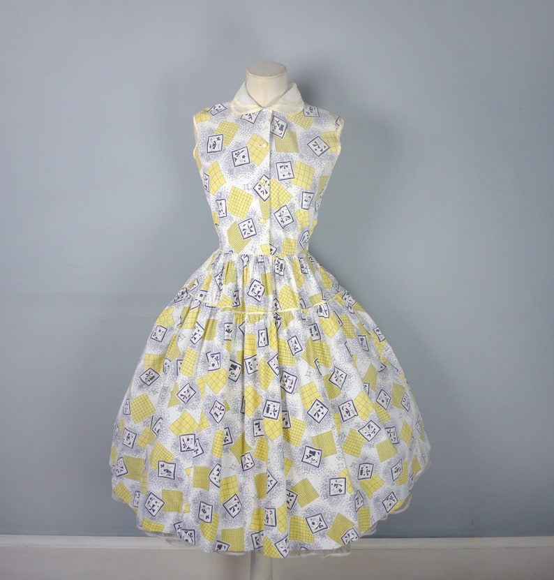50s ATOMIC Novelty Print Dress in White YELLOW Grey and - Etsy