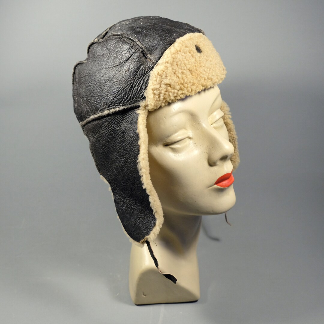 Vintage 60s? LEATHER Pilot Hat Helmet With SHEEPSKIN Shearling Lining ...