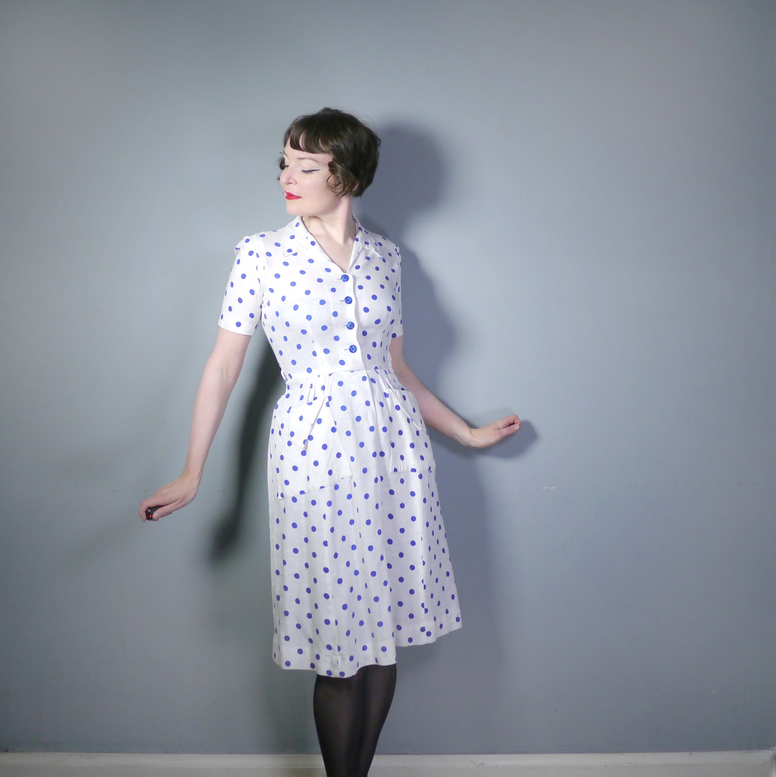 Late 40s PEGGY PAGE Dress in White With Blue POLKA Dot Print - Etsy UK