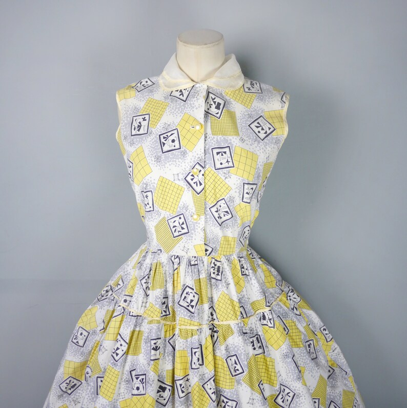 50s ATOMIC Novelty Print Dress in White YELLOW Grey and - Etsy