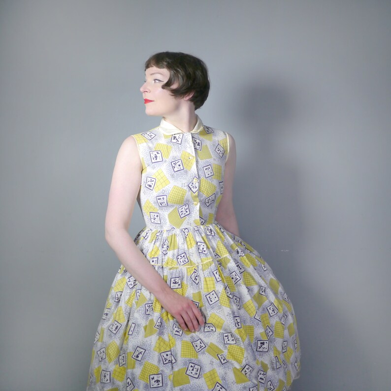 50s ATOMIC Novelty Print Dress in White YELLOW Grey and - Etsy