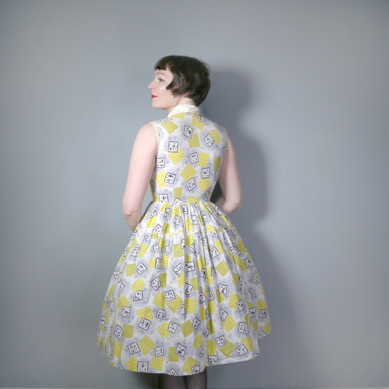 50s ATOMIC Novelty Print Dress in White YELLOW Grey and - Etsy