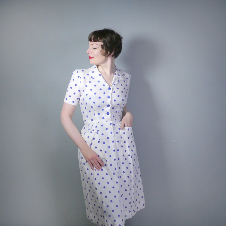 Late 40s PEGGY PAGE Dress in White With Blue POLKA Dot Print | Etsy UK