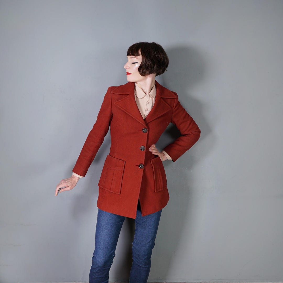 60s 1960s ITALIAN Made Dark Russet Red Fitted Wool Jacket With Big ...